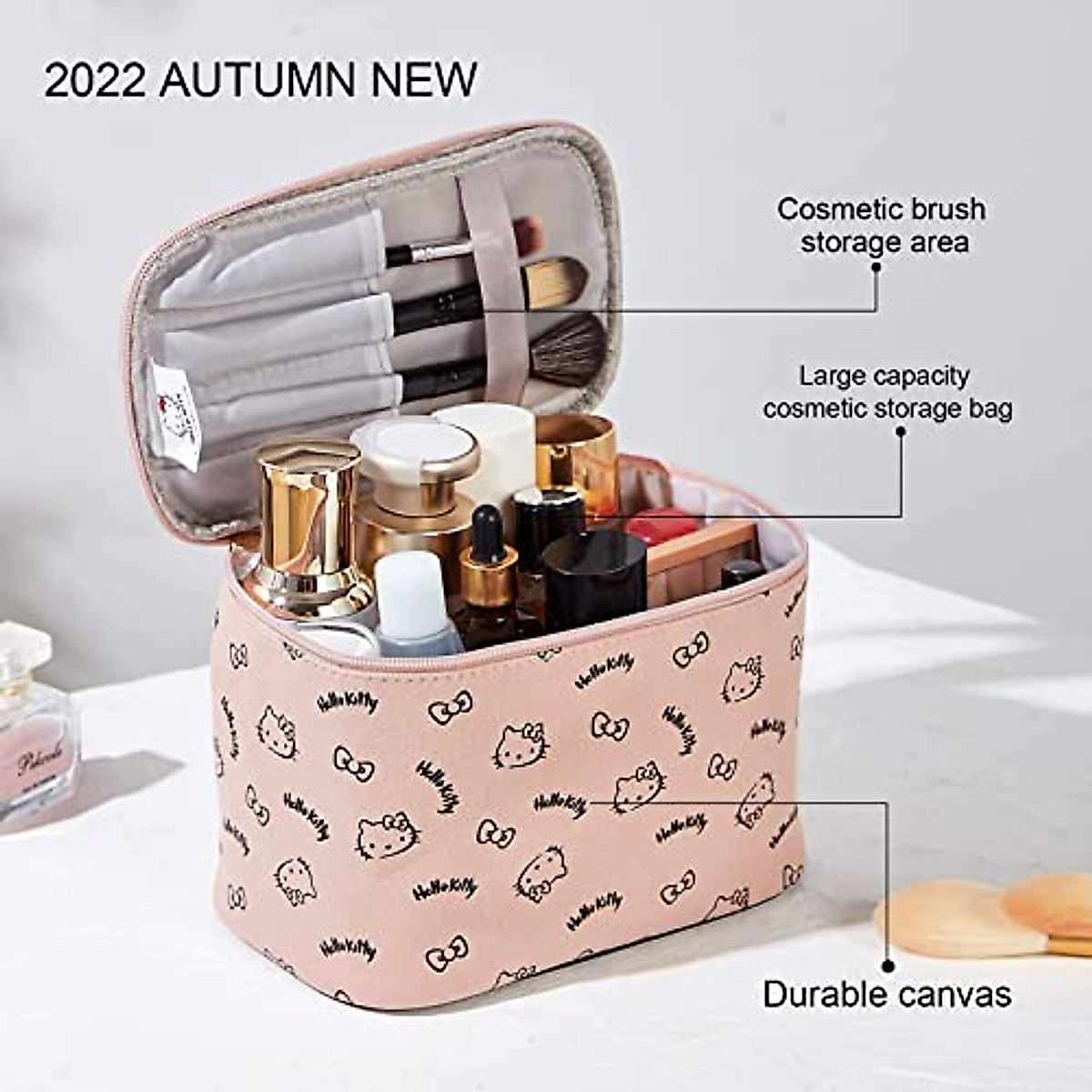 Large Makeup Bag with Handle Travel Cube Cosmetic Bags Brush Holder Zipper Pouch Case Organizer for Women