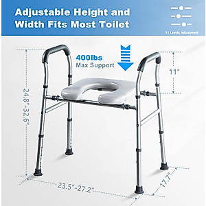 Deewow Raised Toilet Seat with Handles, Toilet Seat Riser for Seniors with Height and Width Adjustable, up to 400lbs, Commode Chair for Elderly, Pregnant and Handicap, Fit Any Toilet, FSA/HAS Eligible