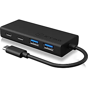 Icy Box USB Hub with USB-C Connector and Power Delivery, USB 3.0, Integrated Cable, Aluminium, PD 60 Watt, Black