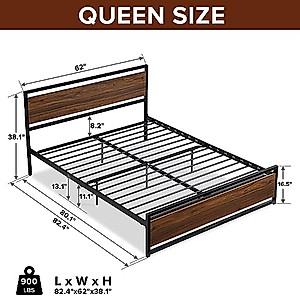 STELSIPLIY Metal Bed Frame Queen Size,Industrial Platform Bed Frame with Headboard and Footboard,Steel Slat Support,Mattress Foundation,No Box Spring Needed,Noise Free,Easy Assembly,Brown (Queen)