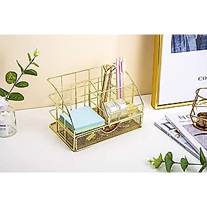 POPRUN Desk Organizers and Accessories for Women with Drawer, Cute Desk Supplies and Stationary Oganizer for Home and Office Desk Decor, Metal Mesh Desk Organization and Storage (Gold)