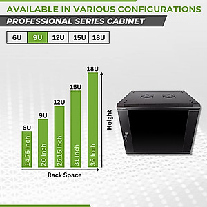 NavePoint 9U Server Rack Enclosure - 17.7” Deep, 9U Wall Mount Network Cabinet with Locking Glass Door for 19” IT Equipment, 9U Network Rack with 2 Fans, Removable Side Panels, Black