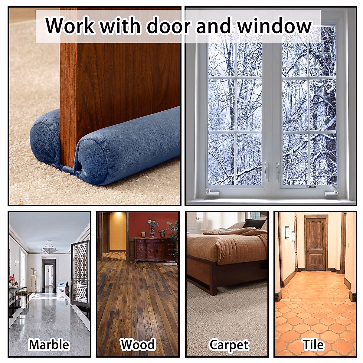 TumiMallody Door Draft Stopper Double Sided Weather Stripping Noise Breeze Draft Blocker Door Sweeps Washable Under Door Seal Strip Adjustable Velvet Draft Guard Multi Color Available (36 inch, Blue)