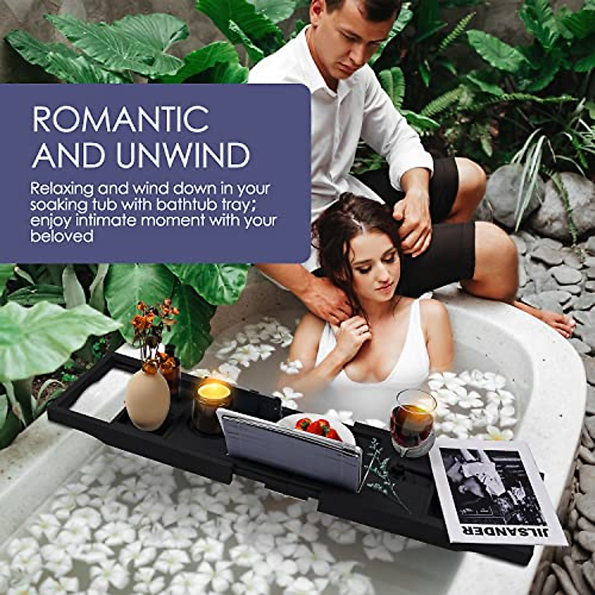 Foldable Bathtub Caddy Tray, Bamboo Bath Tub Tray Table for Tub with Wine Glass Holder Book Phone Tablet Holder with Extending Sides, Adjustable Bathroom Bathtub Free Soap Holder Gift Idea (Black)