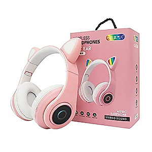 B39 Light-Emitting Cat Ear Headset, LED Light Up Over Ear Headphones with Mic Bluetooth Stereo Sound Foldable Rechargeable Earpiece, Cute Cat Ear Gaming Headset for Girls (Pink)