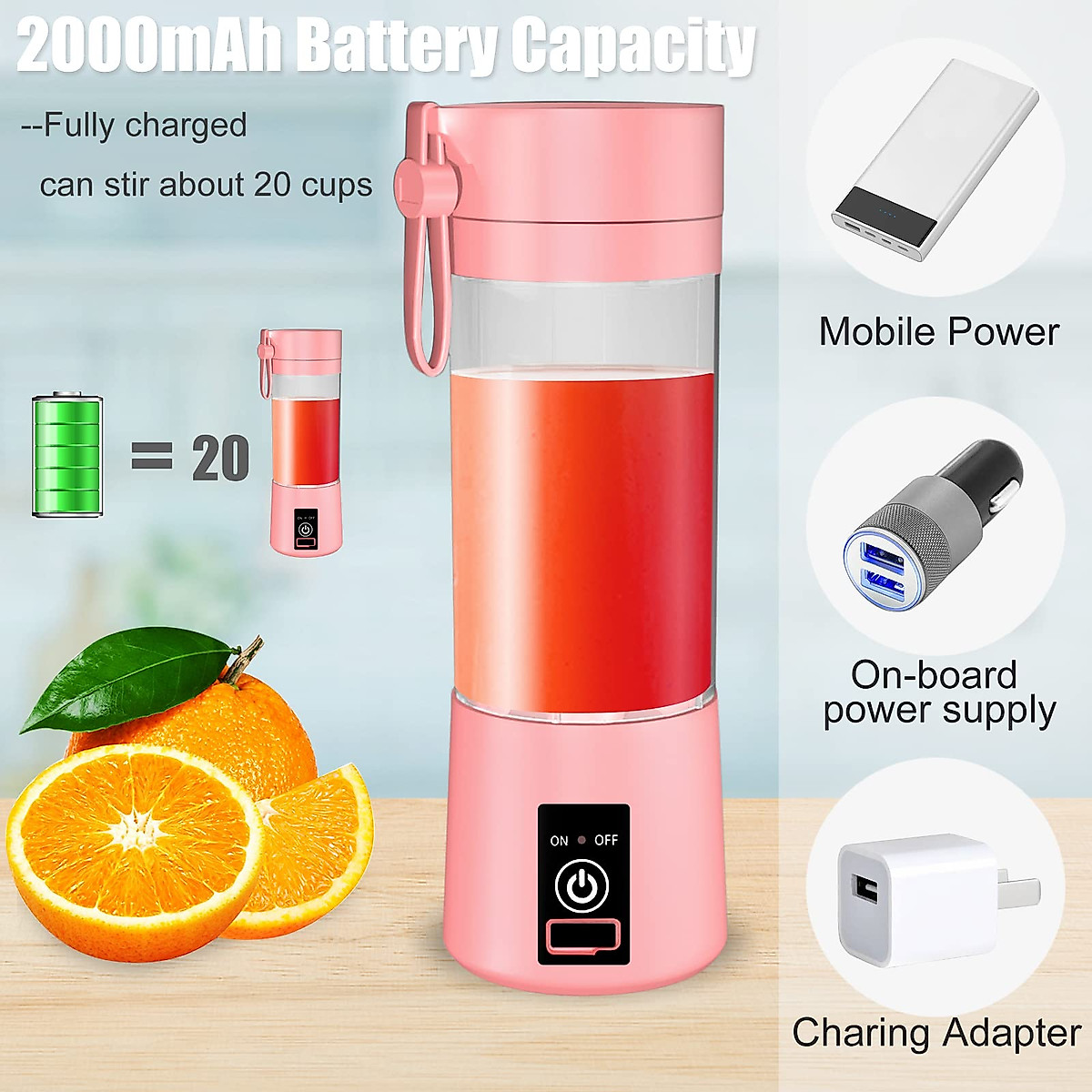 Personal Blender for Shakes and Smoothies, USB Rechargeable Shaker, Portable Juicer with Six Cutters, 380ML Juice Bottle for Travel Gym（Pink）