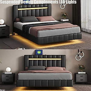 Queen Size Floating Bed Frame,with LED Atmosphere Lights ＆ USB Charging,Modern Upholstered PU Platform LED Bed Frame,Adjustable Headboard Smart Thick Bed, Noiseless No Box Spring Needed (Black)