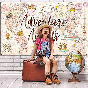 Travel Themed Party Decorations Supplies Adventure Awaits Bon Voyage Backdrop Adventure Map Backdrop for Graduation Birthday Party Baby Shower Photo Booth Pink, 70.8 x 43.3 Inch