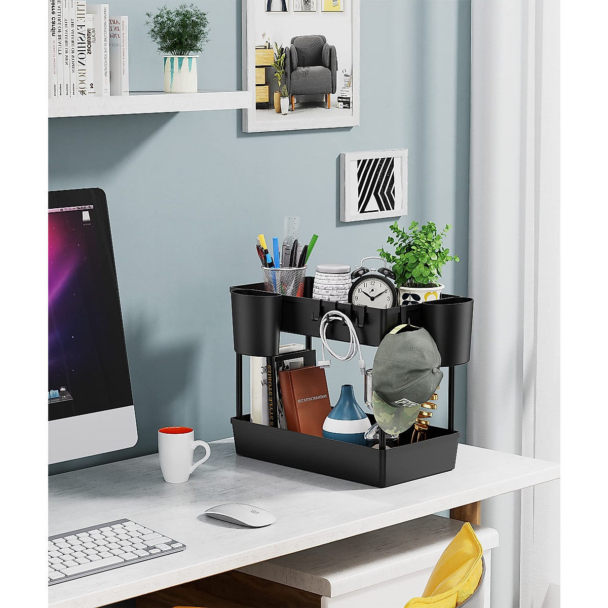 Under Sink Organizer, 2 tier Kitchen Under Cabinet Countertop Organizers Storage Rack Basket with 5 Hooks and 2 Hanging Cup for Bathroom, Kitchen, Pantry (1)