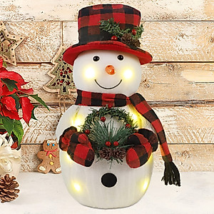 Sancodee Christmas Lighted Snowman, 12" Snowman with Wreath Christmas Table Decorations, Red Black Plaid Snowman Xmas Decor for Home Kitchen Holiday Party