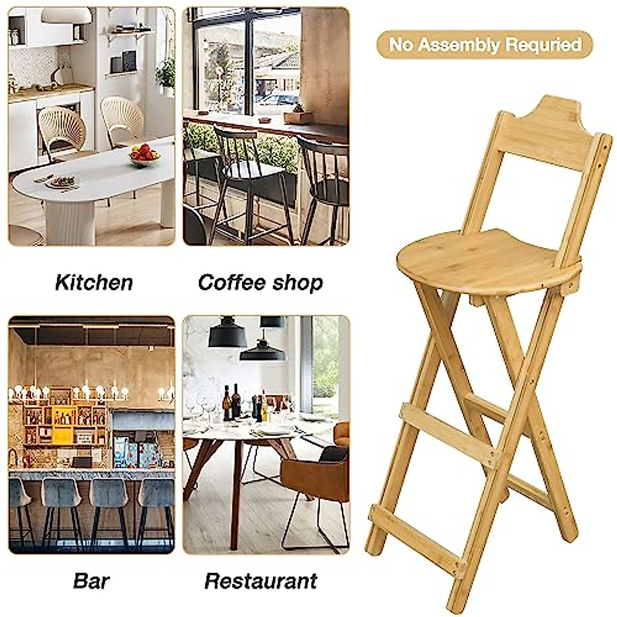 affeivul Folding Bar Stool,Foldable Bar Stools Counter Height,Folding Bamboo Bar Stool with Backrest and Footrest,Collapsible Bar Chairs with Backrest,Portable Folding Stool Tall Bar Stools