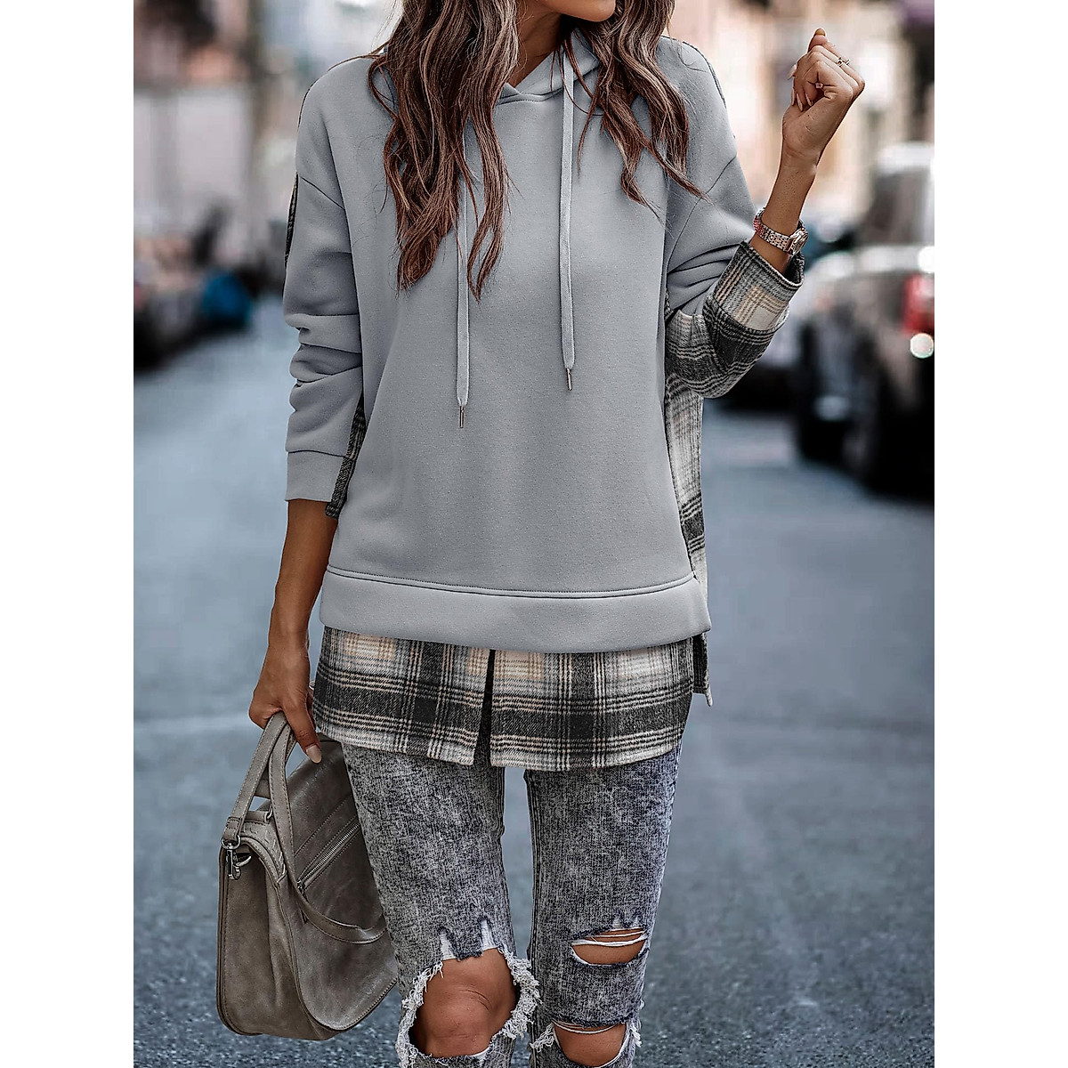 KIRUNDO Womens Hoodies Fashion Fall Casual Long Sleeve Plaid Patchwork Hooded Sweatshirts Y2K Clothes Pullover(Grey, Large)