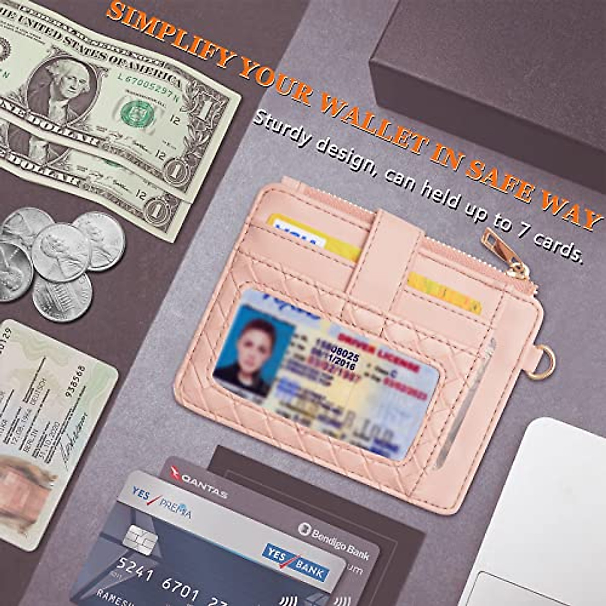 COOLANS Wristlet Bracelet Keychain Pocket Credit Card Holder Purse Tassel Keychain Bangle Key Ring for Women (Silicone Bead Bracelet+Card Purse (Pink))