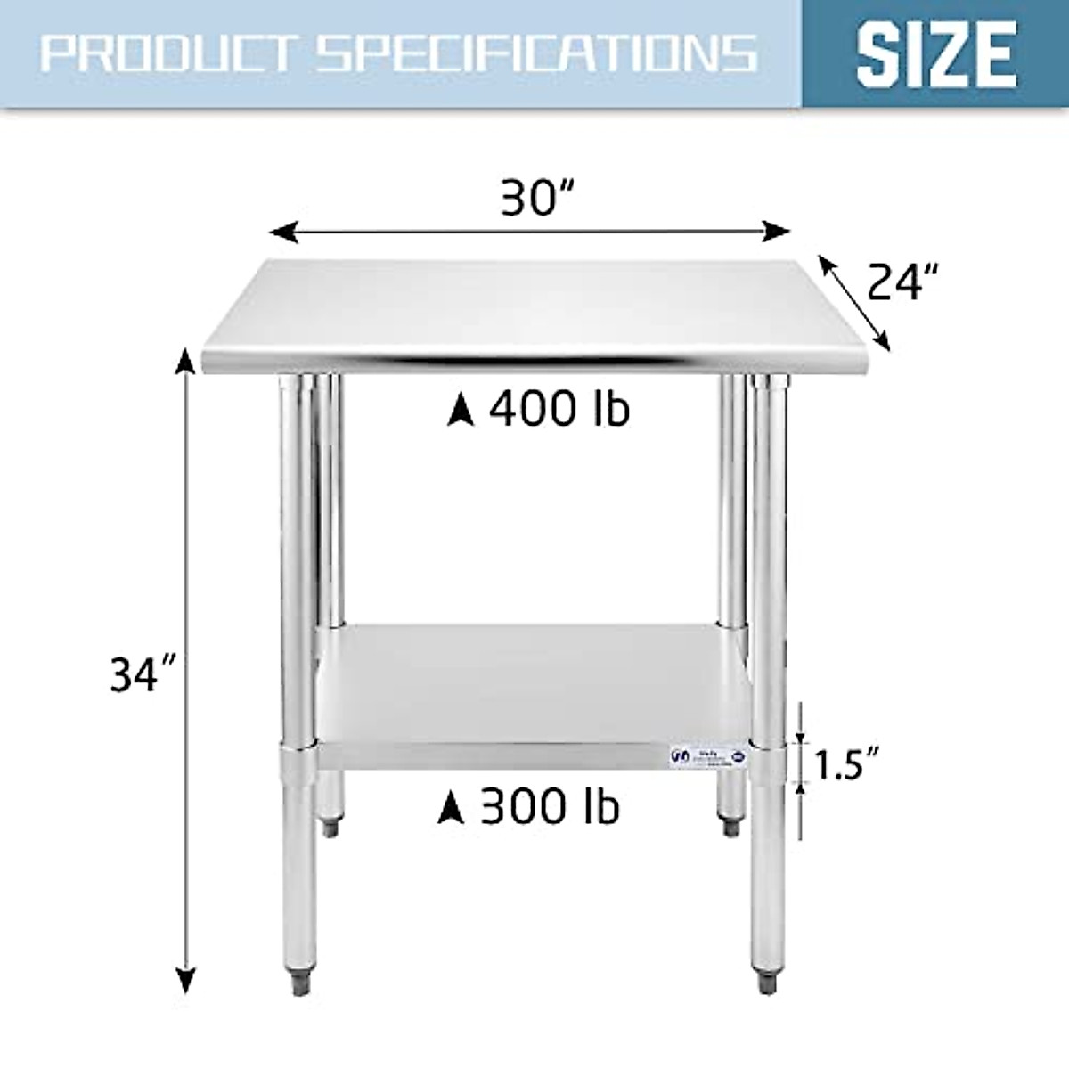 Hally Stainless Steel Table for Prep & Work 24 x 30 Inches, NSF Commercial Heavy Duty Table with Undershelf and Galvanized Legs for Restaurant, Home and Hotel