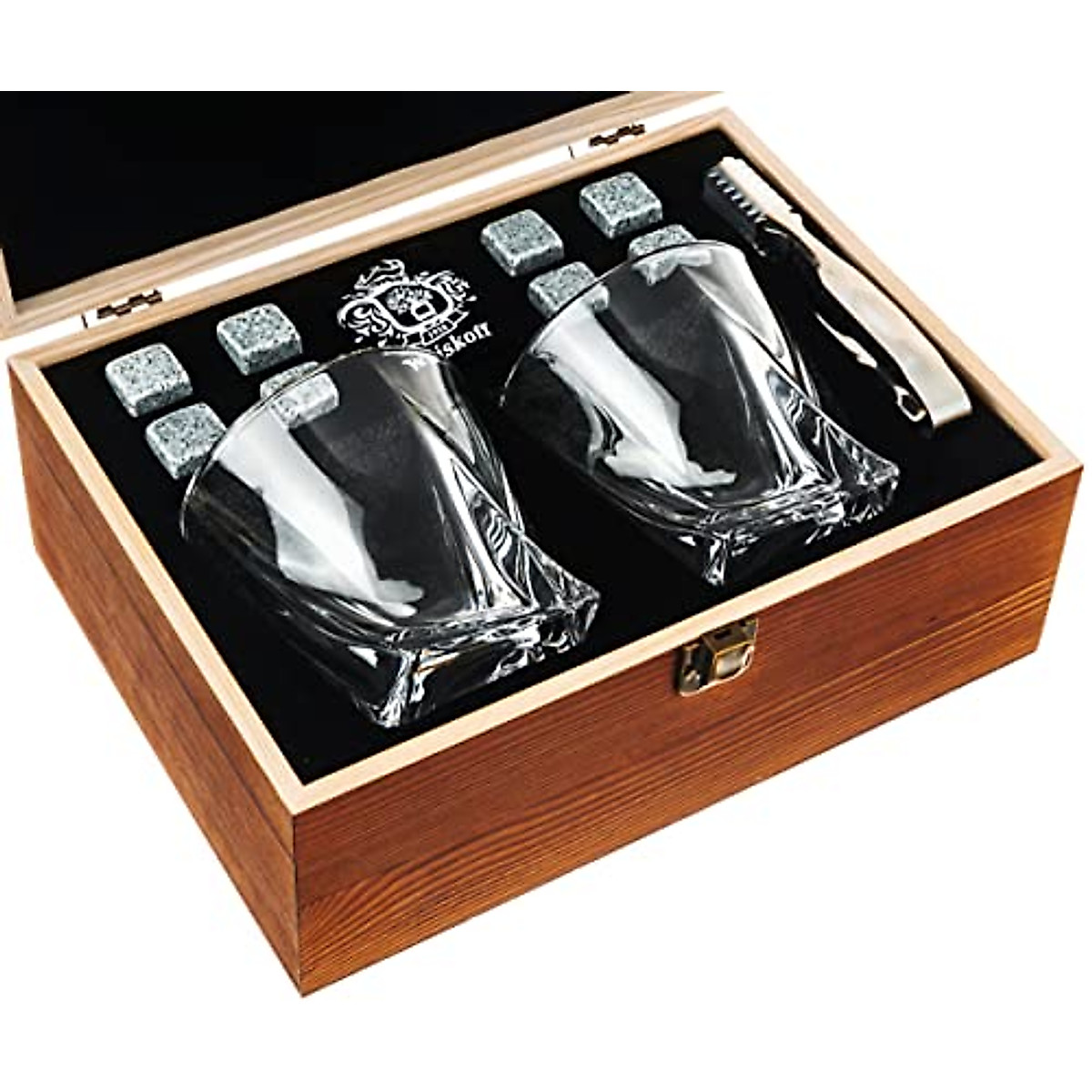 𝗕𝗘𝗦𝗧 𝗚𝗜𝗙𝗧: Fathers Day Dad Gifts For Men - Whiskey Glass Set of 2 - Bourbon Whiskey Stones Wood Box Gift Set - Includes Crystal Whisky Glasses, Chilling Rocks, Slate Coasters for Scotch Burbon