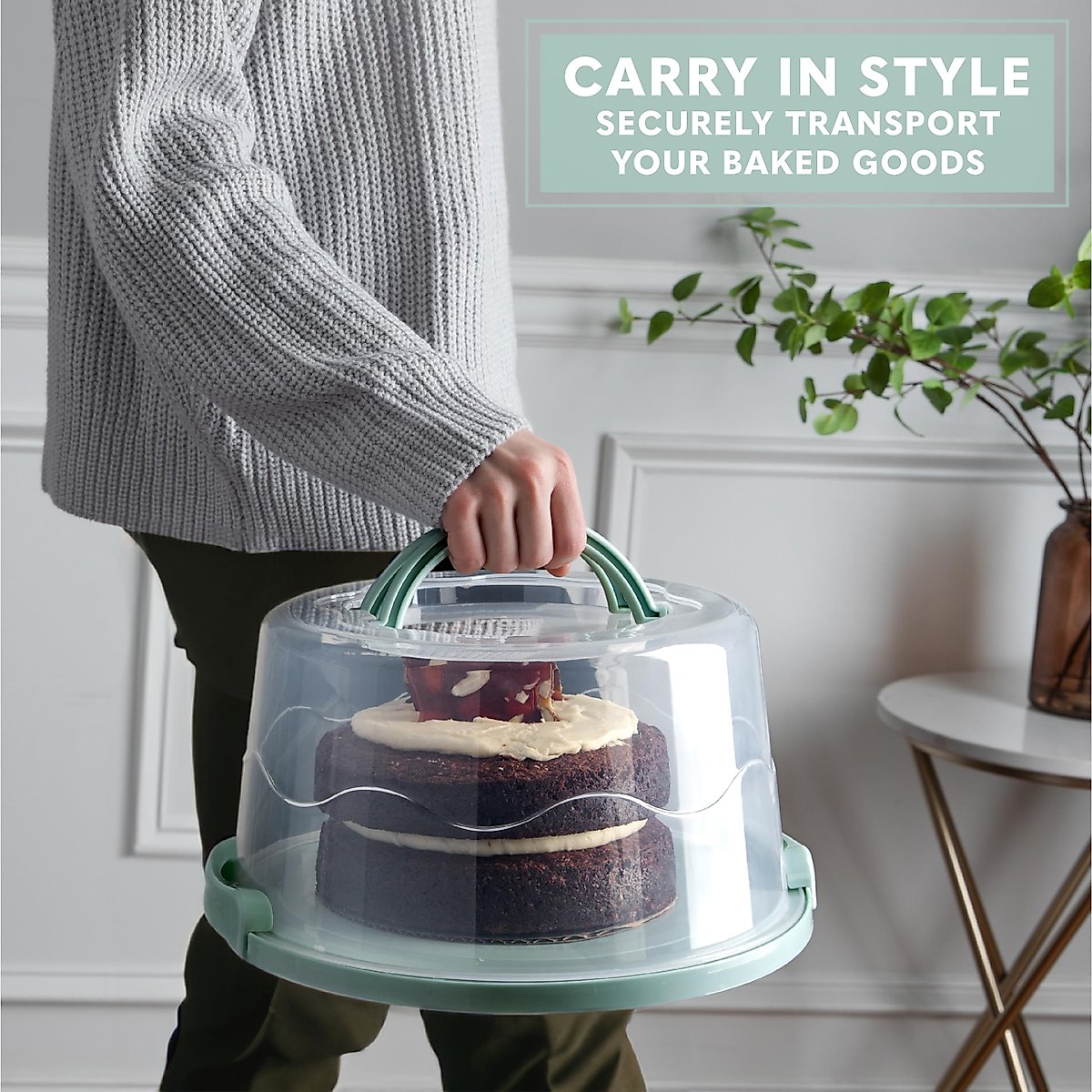 MosJos EXTRA LARGE Cake Carrier, Cake Stand with Lid and Foldable Handles - Multifunctional Serving Platter and Cake Plate - Cake Container with Dome and Strong Snaps 13 x 13 x 7 inch (White)