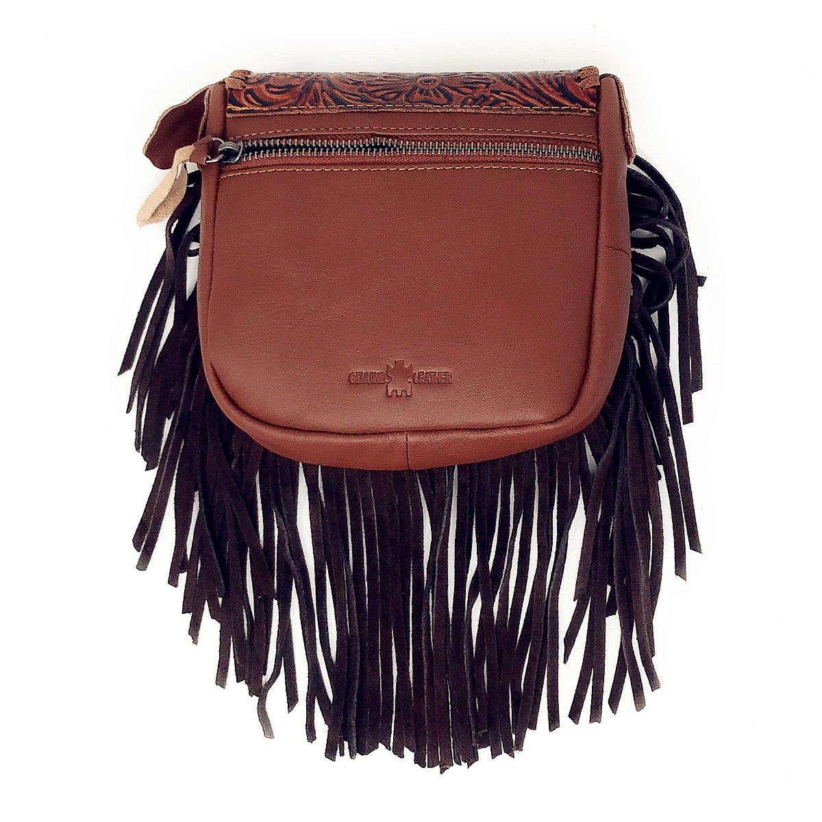 Texas West Western Genuine Leather Tooled Horse Fringe Women's Crossbody Bag in 2 colors (Brown)