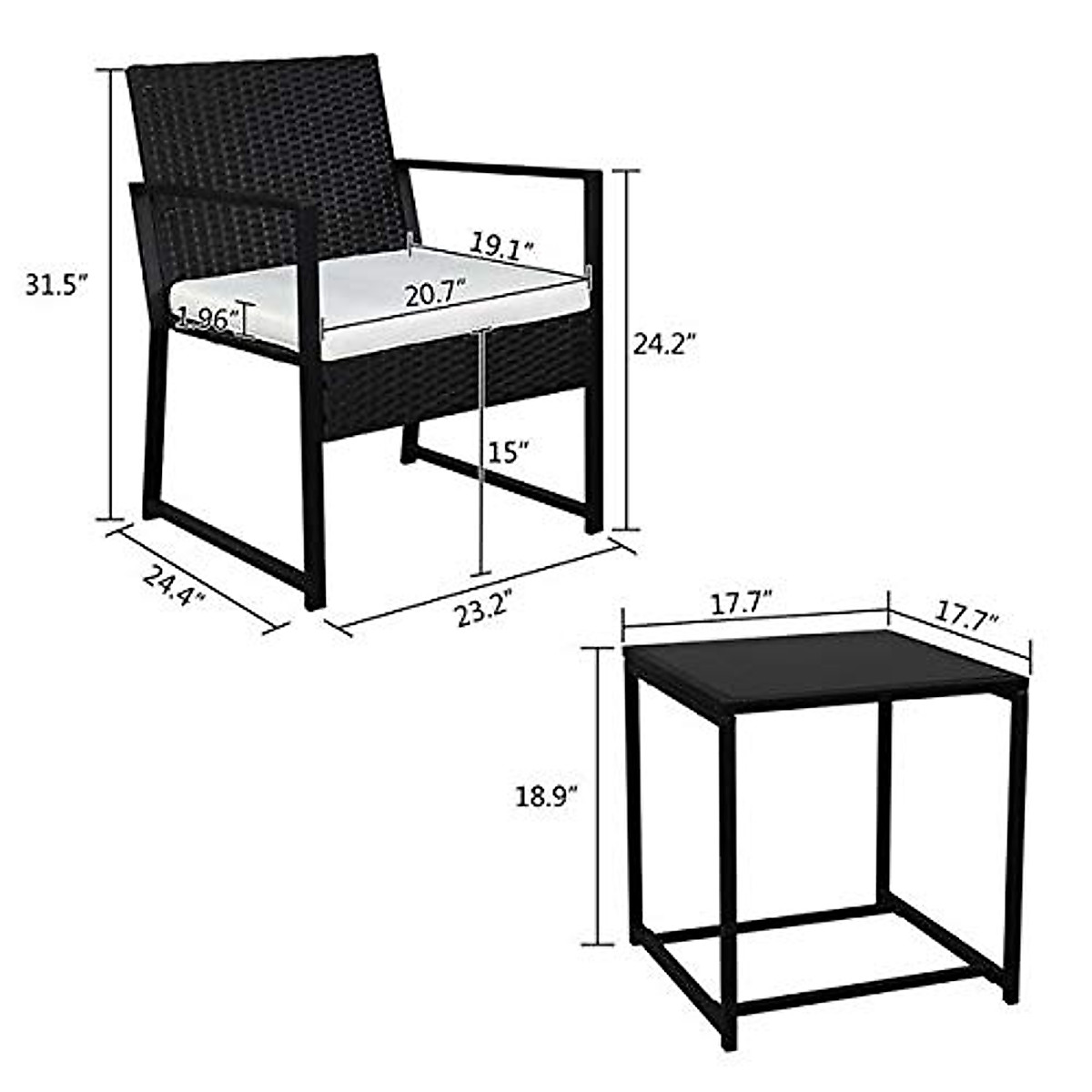 3 PCS Patio Wicker Rattan Furniture Set, Rattan Chair with Coffee Table, Bistro Set Rattan Chair Conversation Sets Garden Furniture for Patio Garden Lawn Backyard Pool (Black-A)