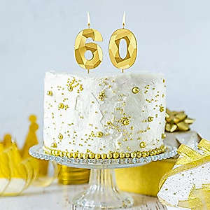 60th Birthday Number Candles 3D Diamond Shape Cake Candles Number 60 Candles Cake Topper Decoration for Birthday Wedding Celebration Anniversary Favor (Gold)
