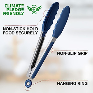 EEKEDO Kitchen Tongs, Stainless Steel Silicone Tongs for Cooking 600ºF High Heat-Resistant BBQ Grilling Locking Tongs, Set of 2-9" and 12" Classic Blue
