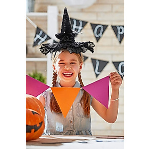 Dzrige Halloween Witch Hat Headband Witch Feather Headwear with Lace Trim Witch Hat Headpiece Accessories for Halloween Party Cosplay (Black)