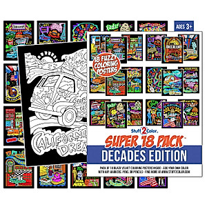 Stuff2Color Super Pack of 18 Fuzzy Velvet Coloring Posters (Decades Edition: 50's, 60's, 70's) - Great for Family Time, Arts & Crafts, Travel, At Home, Care Facilities [All Ages Coloring: Girls, Boys, Adults, Toddlers, Teens]