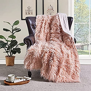 BYTIDE Mongolian Long Hair Faux Fur Plush Throw Blankets with Micromink Back, Soft Luxury Furry Fuzzy Shaggy Throw for Couch Sofa Chair Bed Cover Bedroom Living Room Home Décor, 50 x 60 Inches, Pink