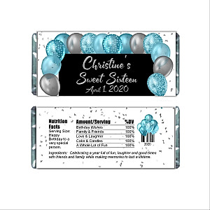 Personalized Candy Bar Wrappers, Balloon Design, Modern Birthday Party Favors, Chocolate Bar Labels for Baby Shower, Bridal Shower, Pack of 20 (Aqua)
