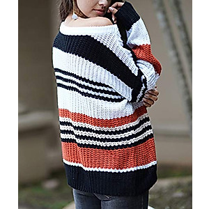 KIRUNDO 2023 Fall Winter Women's Striped Color Block Short Sweater Long Sleeve Crew Neck Casual Loose Knit Pullover Tops(Medium, 1977-Orange)