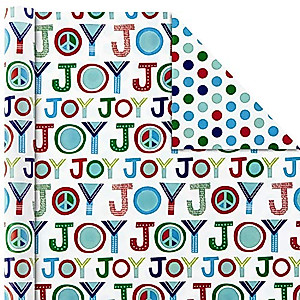 Hallmark Christmas Reversible Wrapping Paper, Kids (Pack of 3, 120 sq. ft. ttl) Santa, Joy, Penguins, Snowflakes, Polka Dots, Stripes