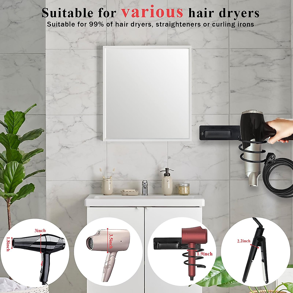 PILISPARK Hair Dryer Holder - Hair Dryer Wall Mount, Aluminum Hair Tool Organizer Wall Mount with Self Adhesive and Drilling Install Options, Flat Iron/Curling Iron/Straightener Holder for Bathroom