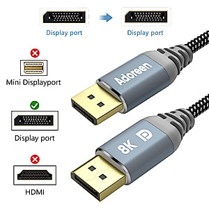 8K DisplayPort 1.4 Cable 8 Feet/2 Pack,Adoreen DP Cord(From 1.5-30FT)8K@60Hz 4K@144Hz 2K 1080P@240Hz 32.4Gbps HBR3 HDCP HDR,FreeSync G-Sync,Braided Display Port for Monitor Graphics+ 5 Ties-NOT HDMI