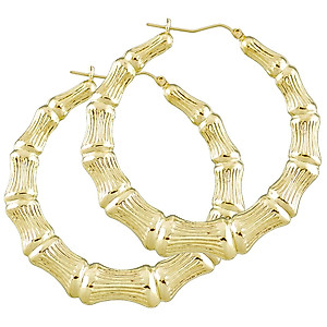 14K Gold Round Hollow Doorknocker Bamboo Hoop Earrings 2.2 inches.Diameter