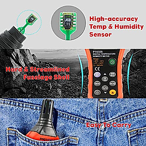Protmex Digital Temperature Humidity Meter, Thermometer Hygrometer with Ambient Dew Point and Wet Bulb Temperature Indoor and Outdoor, Data Logger with Min/Max Hold, LCD Backlight, PT6508
