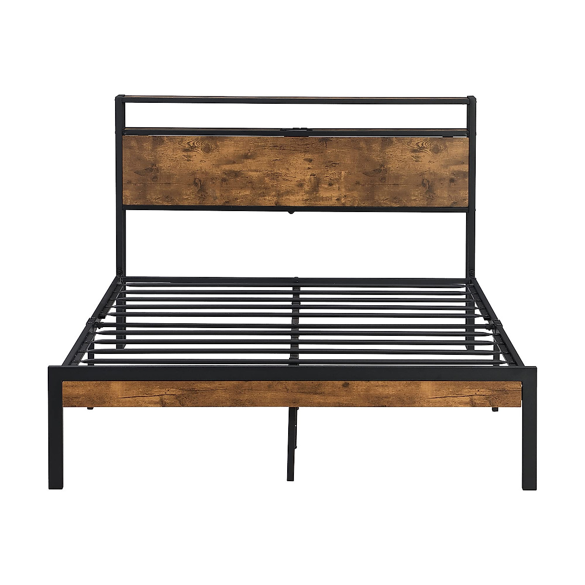 Fidktuveㅤ King Size Metal Platform Bed Frame with Wooden Headboard and Footboard, USB Port, Storage, Easy Assembly - No Box Spring Needed (Black)