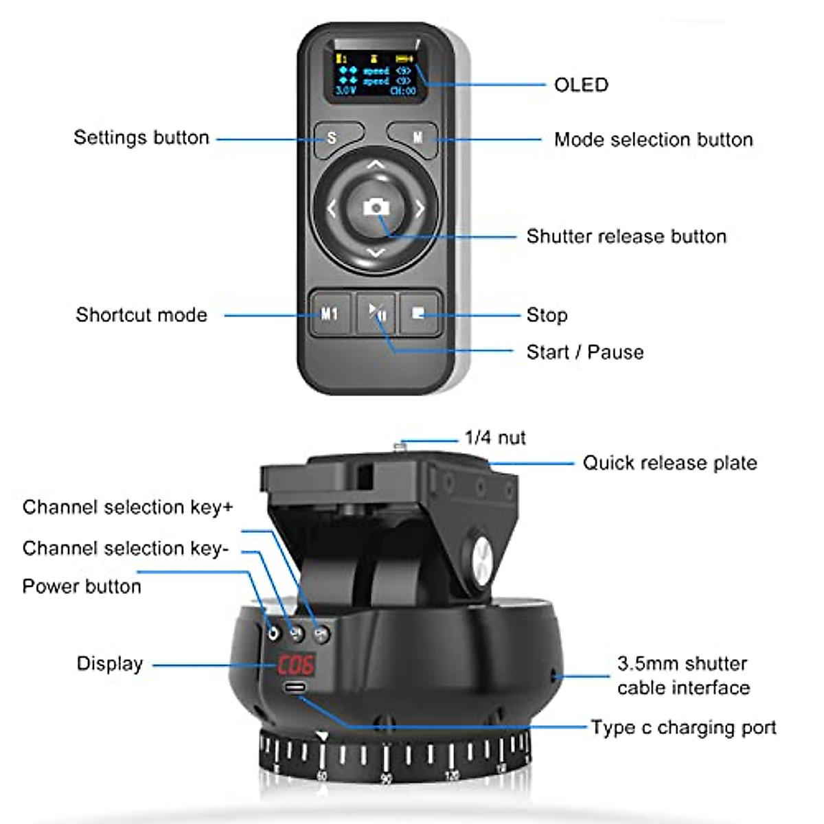 Motorized Pan Tilt Head, 360° Rotation Motorized Panoramic Head, Wireless Remote Control Pan Tilt Professional Multifunctional Motorized Panoramic Head, for Mobile Phone Camera, Max.1Kg Load