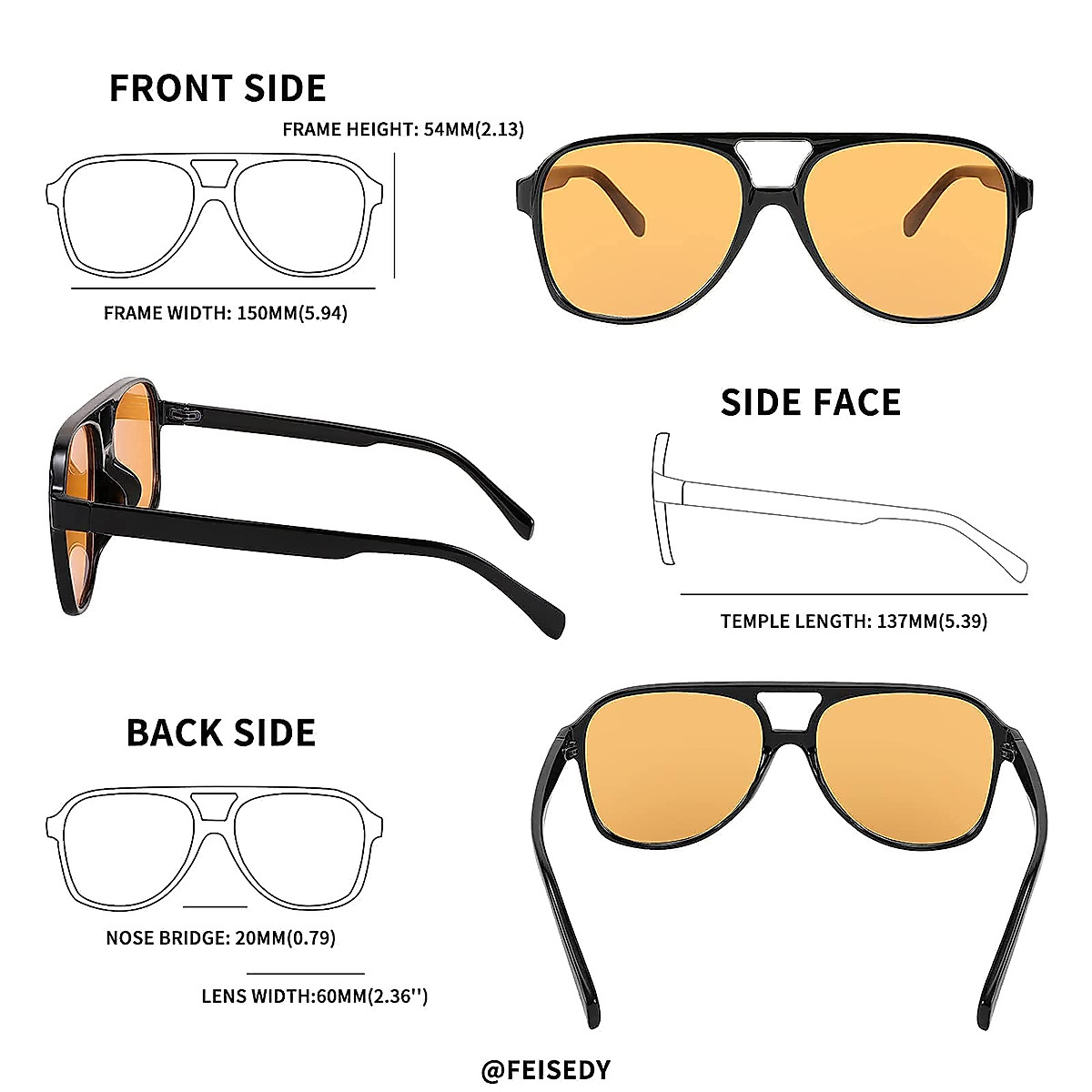 FEISEDY Vintage Retro 70s Plastic Aviator Sunglasses Trendy Orange Classic Large Squared Frame B2751