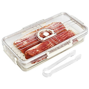 Bacon Storage Container with Air-sealed Tight Lid for Fridge Bacon Holder Deli Meat Cheese Keeper with Food Serving Tongs and Drain Plate for Refrigerator