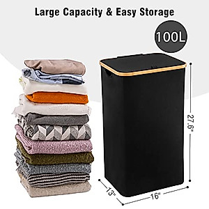 100L Large Laundry Hamper with Lid and Removable Bag by TECHMILLY, Tall Laundry Basket with Bamboo Handles for Clothes and Toys Storage, Collapsible Clothes Hamper for Bedroom and Bathroom, Black