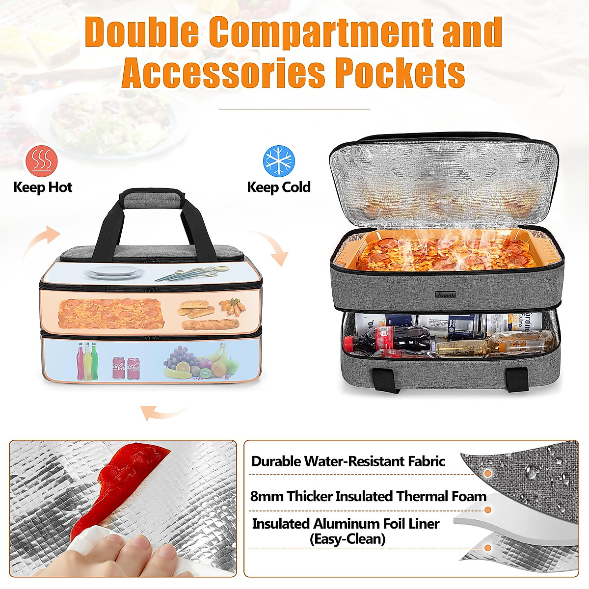 Trunab Double Decker Casserole Carrier for Hot or Cold Food Insulated Casserole Dish Carrier Thermal Tote Bag for Picnic, Fits 9"×13" Baking Dish, Grey