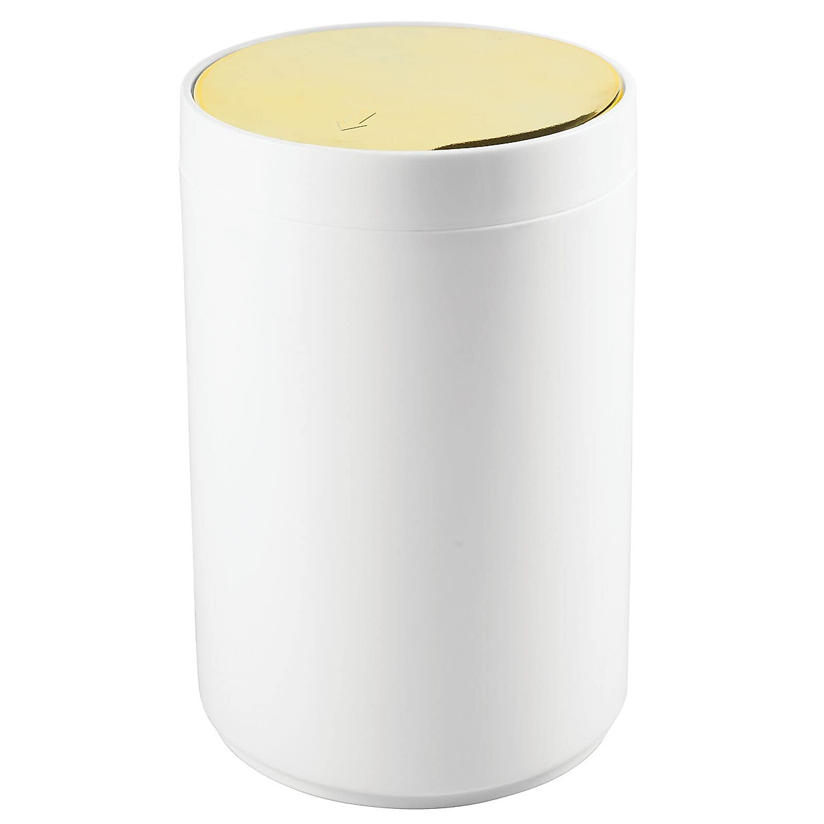 mDesign Small Round Plastic Trash Can Wastebasket, Garbage Container Bin with Swing Top Lid - for Bathrooms, Kitchens, Home Offices - 1.3 Gallon/5 Liter - White/Gold