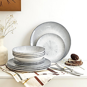 Bestone 12 Piece Round Kitchen Dinnerware Set,Plates and Bowls sets,Dishes, Plates, Bowls, Dish Set，Plates and Bowls,Service for 4, Chip Resistant Porcelain (gray)
