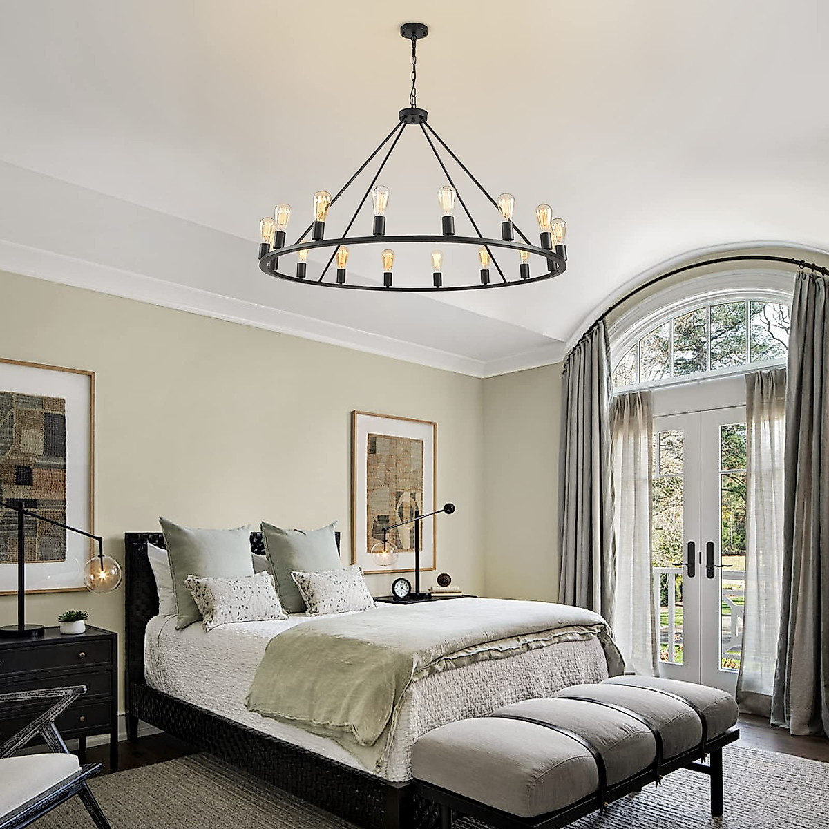 Tefiohen 48" 16-Light Large Wagon Wheel Chandelier, Farmhouse Chandelier, Heights Adjustable Rustic Vintage Round Pendant Light Fixtures for Kitchen Island Dining Living Room Foyer Entryway, Black