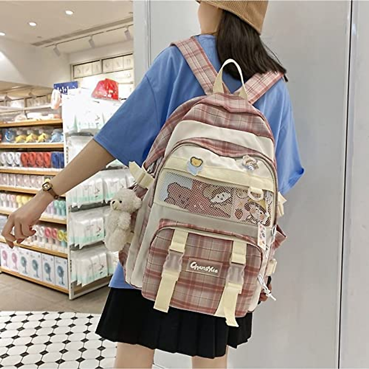 Aoakva Kawaii Plaid Backpack Purple Trendy Travel Bag with Free Cute Bear Pendant (Plaid purple), Regular