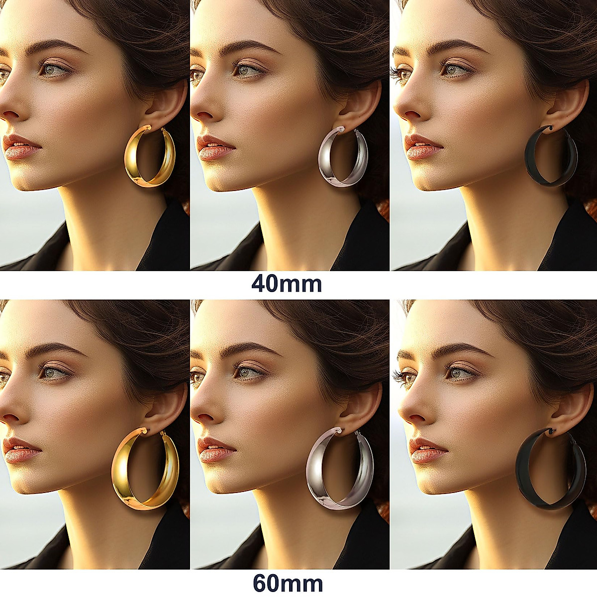 U7 Black Hoop Earrings 40mm Click-top European Style Chic Stainless Steel Loop Earrings|Womens Chunky Hoops with Sterling Silver Post