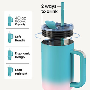 O'JAY 40oz Stainless Steel Insulated Travel Mug - Leak-Proof Straw Lid, Cupholder Friendly, Dreamy Green-Pink
