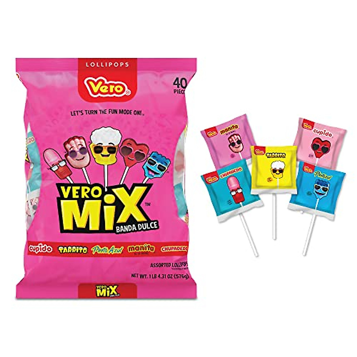 Vero Mix Banda Dulce Assorted Sweet Lollipops, Artificially Flavored, 1 Pound 4.31 Ounces, 40 Count Bag