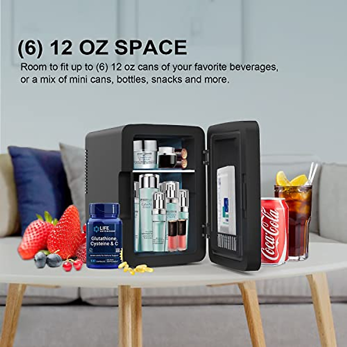 Living Enrichment Mini Fridge 6L Capacity, Portable Small Refrigerator Cooler or Warmer, AC DC Powered, Skincare Fridge with Mirror Door, for Food, Cosmetics, Home, Office and Car - Black