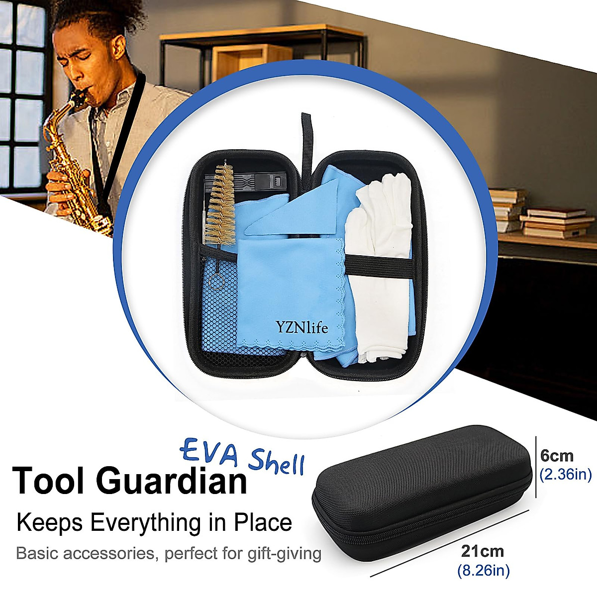 YZNlife Saxophone Cleaning kit with Case for Alto Tenor Clarinet Flute and other Wind & Woodwind Struments Including Sax Cleaning Cloth(4pcs),Mouthpiece Brush Thumb Rest Cushion Reed Case,(Blue)