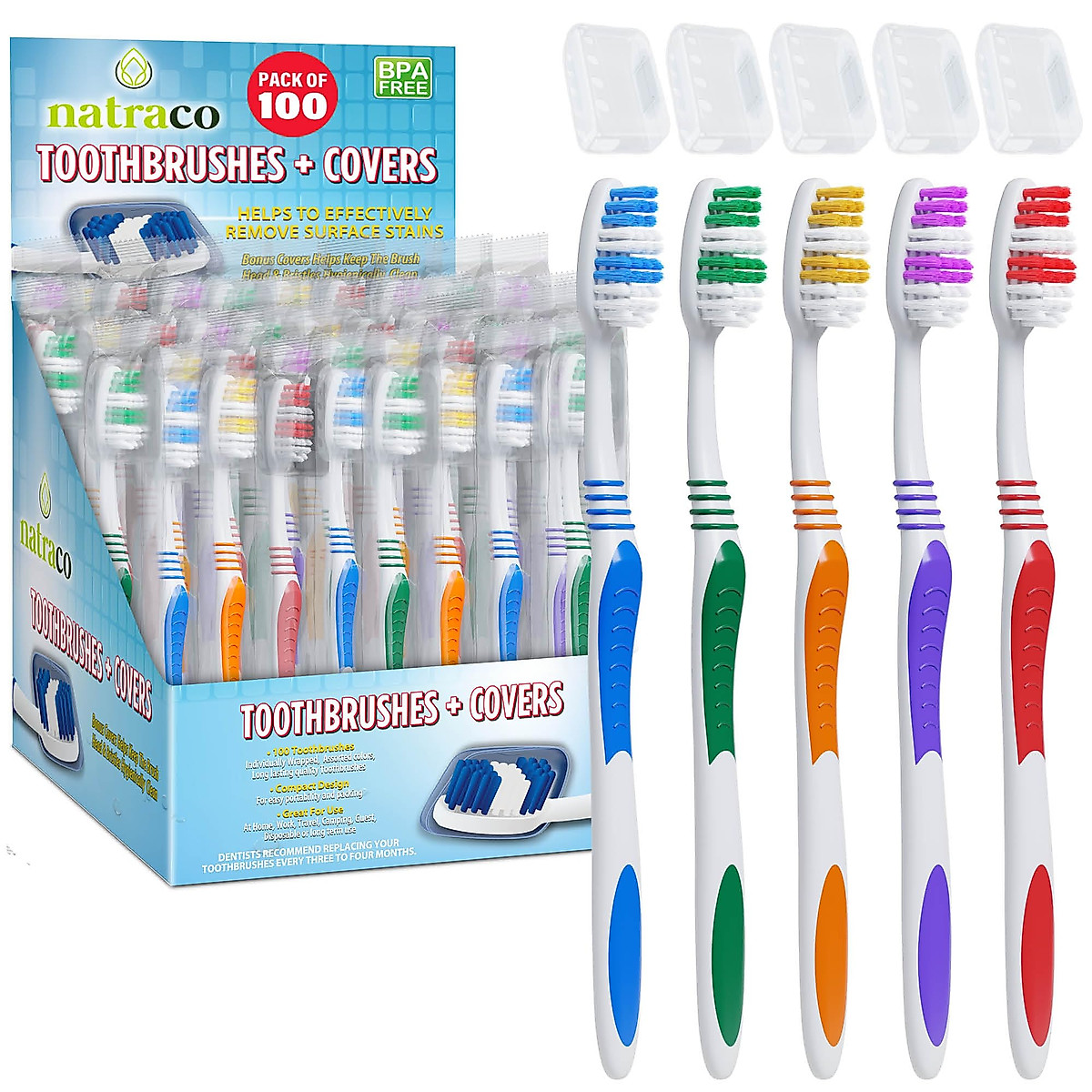 natraco Bulk Toothbrush Pack with Covers | Premium Quality Individually Wrapped Colorful Tooth Brushes | Medium Soft Bristles for Travel, Donations, Hotels (100)
